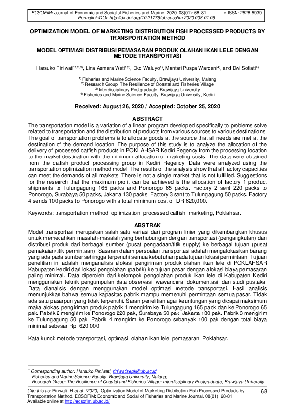 (PDF) Optimization Model of Marketing Distribution Fish Processed Products by Transportation Method