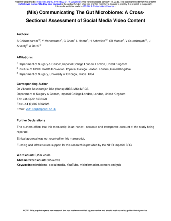 (PDF) (Mis) Communicating The Gut Microbiome: A Cross-Sectional Assessment of Social Media Video ...