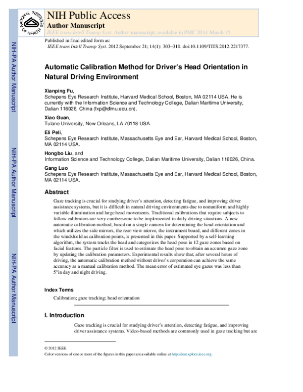 (PDF) Automatic Calibration Method for Driver's Head Orientation in Natural Driving Environment