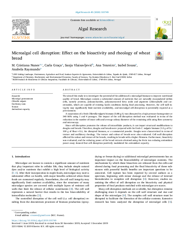 (PDF) Microalgal cell disruption: Effect on the bioactivity and rheology of wheat bread