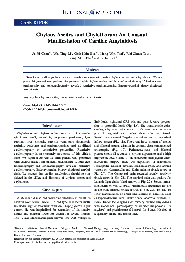 Pdf Chylous Ascites And Chylothorax An Unusual Manifestation Of Cardiac Amyloidosis Liang