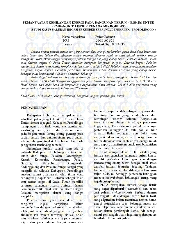 (PDF) PEMANFAATAN KEHILANGAN ENERGI PADA BANGUNAN TERJUN (B. Sb. 2b ...