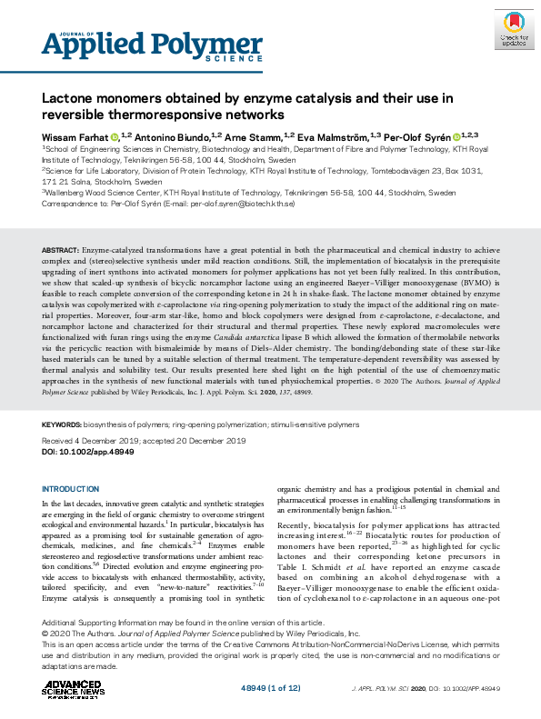 (PDF) Lactone monomers obtained by enzyme catalysis and their use in ...