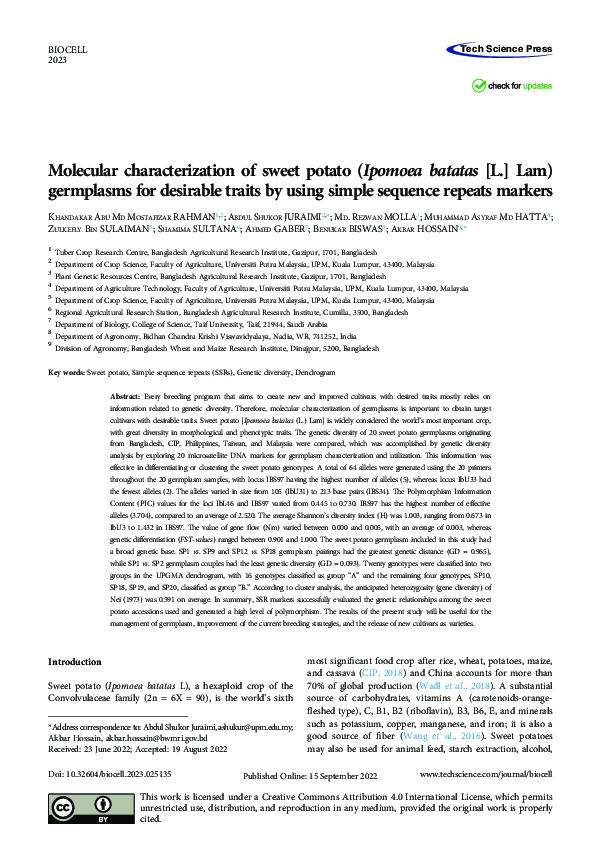 (PDF) Molecular characterization of sweet potato (Ipomoea batatas [L.] Lam) germplasms for ...