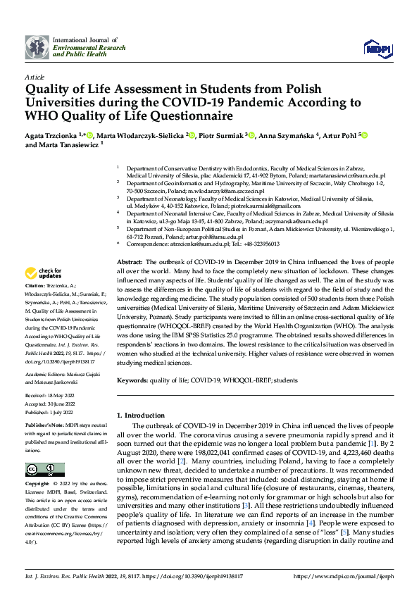 (PDF) Quality of Life Assessment in Students from Polish Universities during the COVID-19 ...