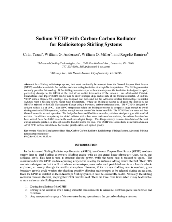 (PDF) Sodium VCHP with Carbon-Carbon Radiator for Radioisotope Stirling ...