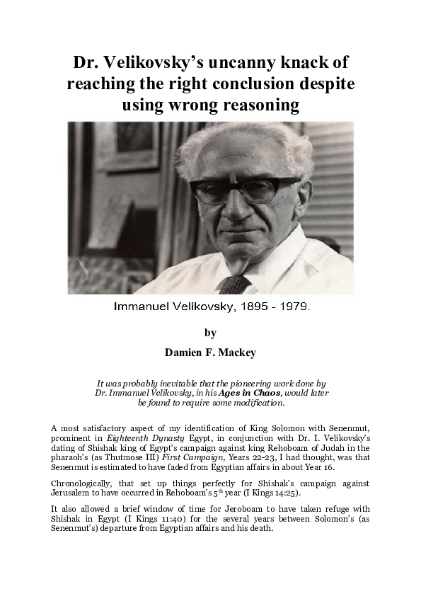 (DOC) Dr. Velikovsky's uncanny knack of reaching the right conclusion ...