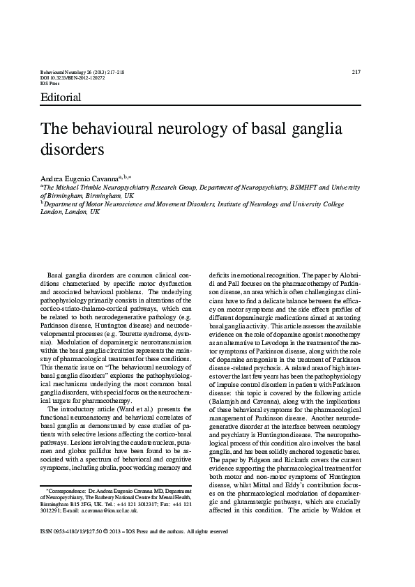 (PDF) The Behavioural Neurology of Basal Ganglia Disorders