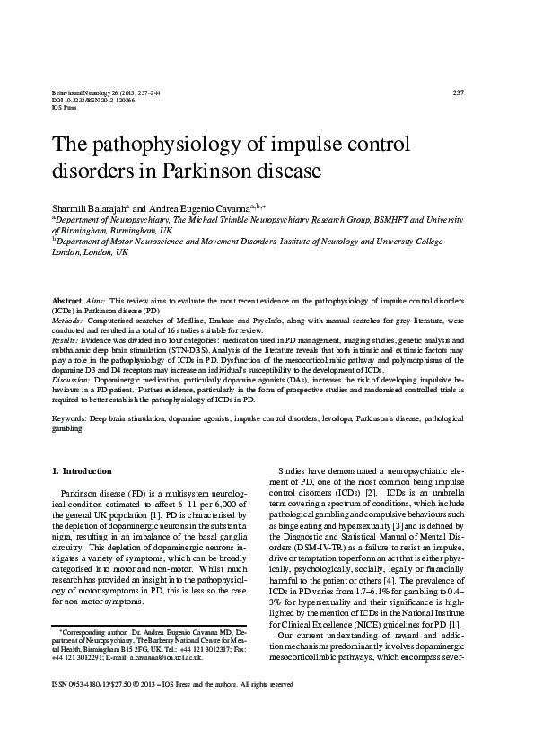 (PDF) The Pathophysiology of Impulse control Disorders in Parkinson ...