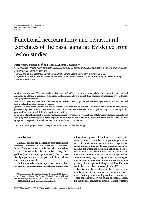 (PDF) Functional Neuroanatomy and Behavioural Correlates of the Basal ...