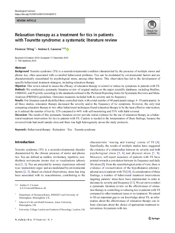 (PDF) Relaxation therapy as a treatment for tics in patients with ...