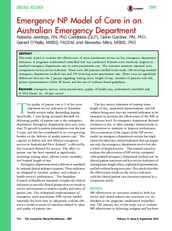 (PDF) Emergency NP Model of Care in an Australian Emergency Department