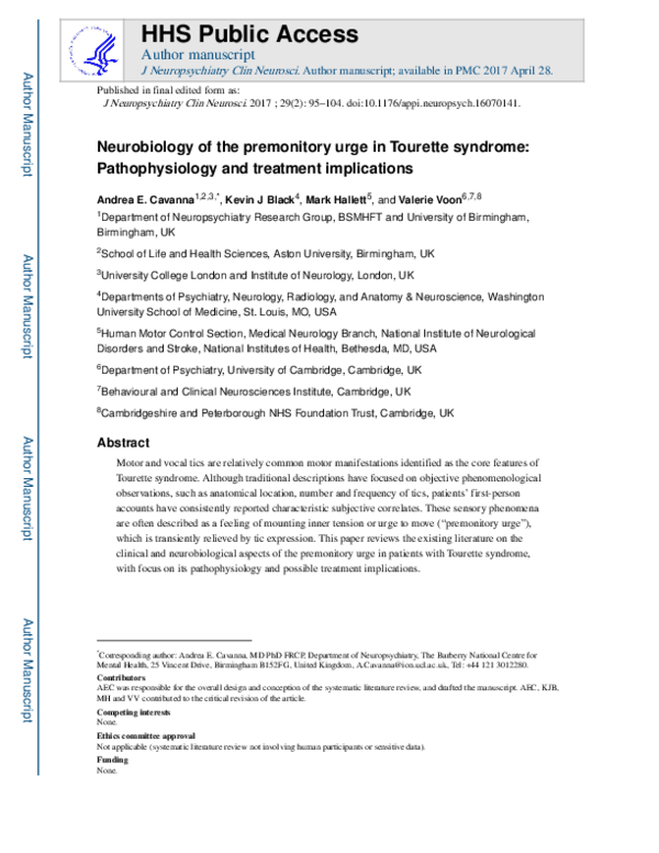 (PDF) Neurobiology of the Premonitory Urge in Tourette's Syndrome ...