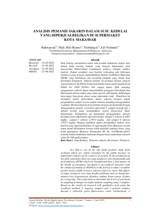 (PDF) Analisis Pemanis Sakarin Dalam Susu Kedelai Yang Diperjualbelikan ...