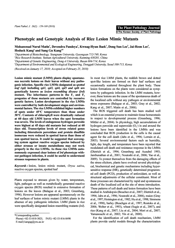 (PDF) Phenotypic and Genotypic Analysis of Rice Lesion Mimic Mutants | Devendra Pandeya ...