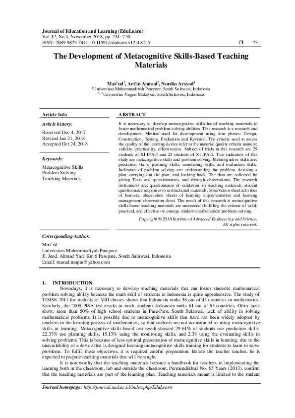 (PDF) The Development of Metacognitive Skills-Based Teaching Materials
