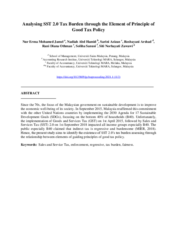 (PDF) Analysing SST 2.0 Tax Burden through the Element of Principle of ...