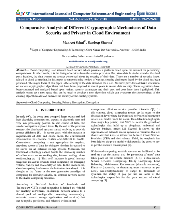 (PDF) Comparative Analysis of Different Cryptographic Mechanisms of Data Security and Privacy in ...