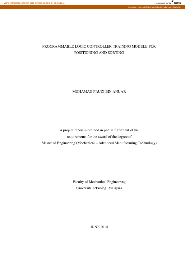 Pdf Programmable Logic Controller Training Module For Positioning And Sorting