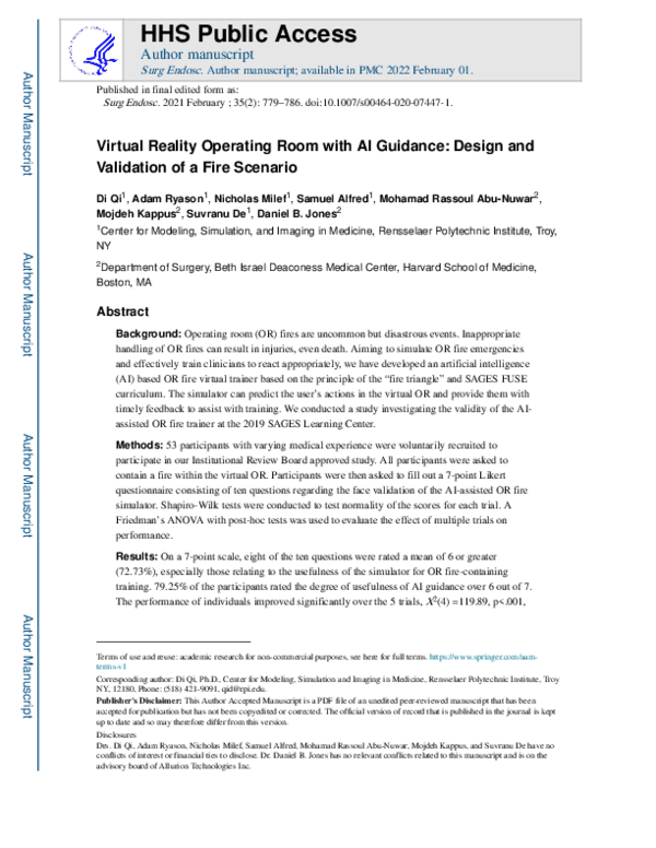 (PDF) Virtual reality operating room with AI guidance: design and validation of a fire scenario ...