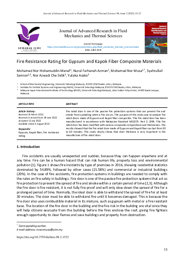 (PDF) Fire Resistance Rating for Gypsum and Kapok Fiber Composite Materials