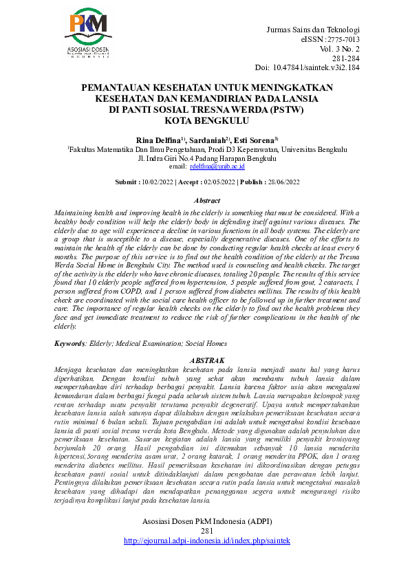 (PDF) Pemantauan Kesehatan untuk Meningkatkan Kesehatan dan Kemandirian Pada Lansia di Panti ...