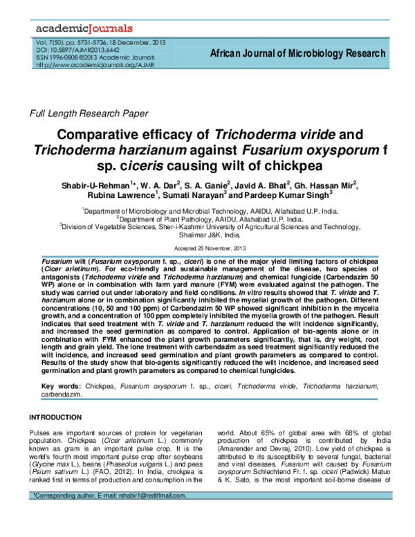 Pdf Comparative Efficacy Of Trichoderma Viride And Trichoderma