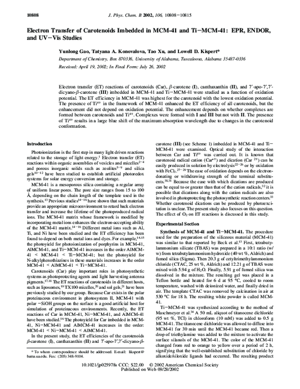 (PDF) Electron Transfer of Carotenoids Imbedded in MCM-41 and Ti−MCM-41: EPR, ENDOR, and UV−Vis ...