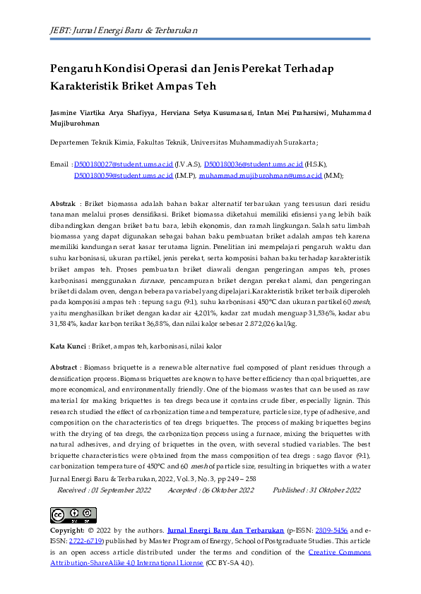 (PDF) Pengaruh Kondisi Operasi dan Jenis Perekat Terhadap Karakteristik Briket Ampas Teh
