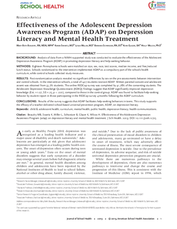 (PDF) Effectiveness of the Adolescent Depression Awareness Program ...