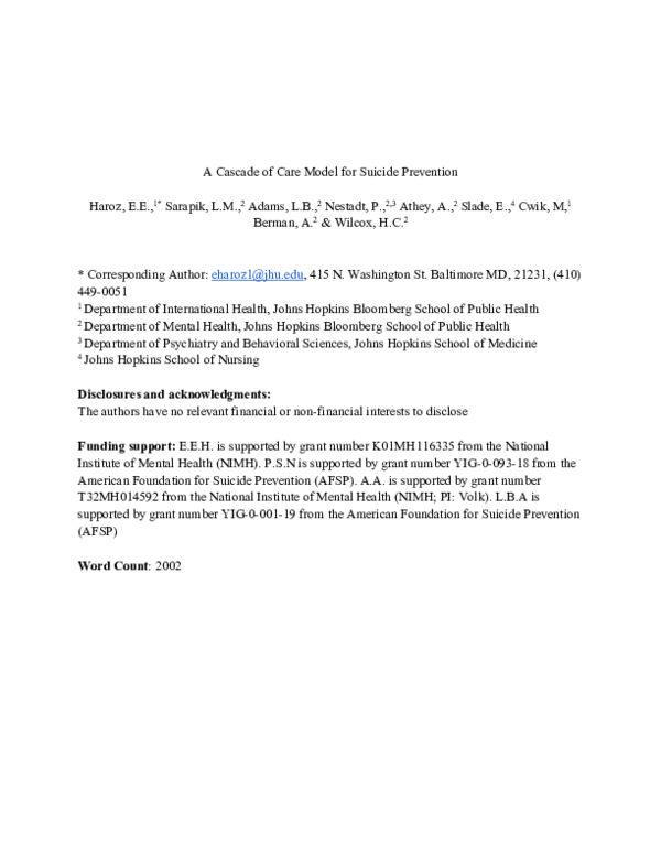 (PDF) A Cascade of Care Model for Suicide Prevention