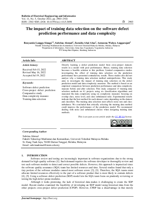Pdf The Impact Of Training Data Selection On The Software Defect Prediction Performance And