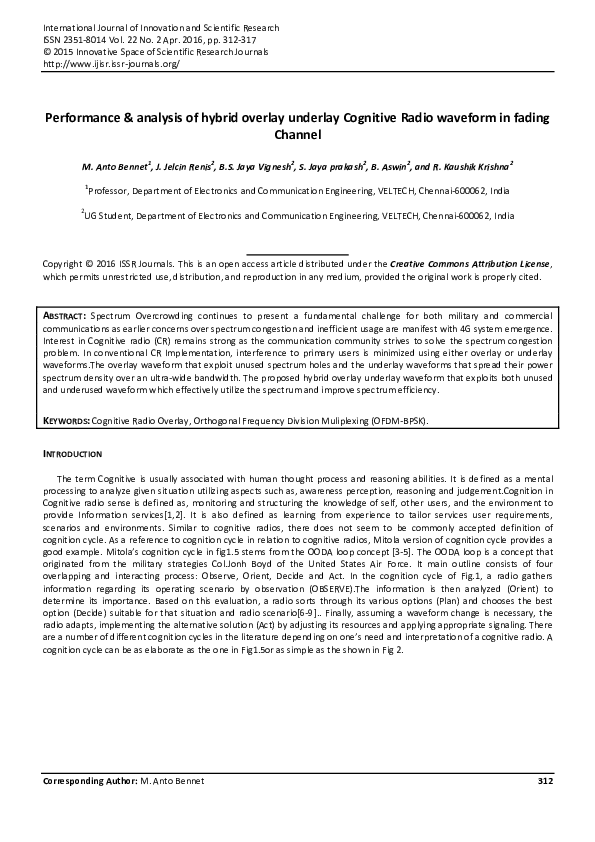 (PDF) Performance and analysis of hybrid overlay underlay Cognitive Radio waveform in fading Channel
