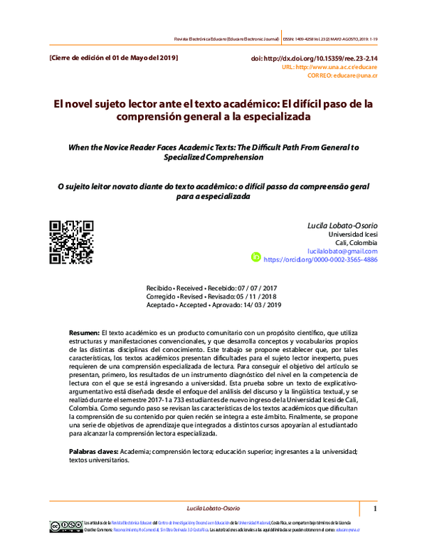 (PDF) El novel sujeto lector ante el texto académico: El difícil paso ...
