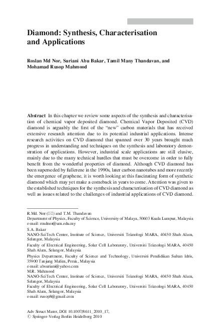 (PDF) Diamond: Synthesis, Characterisation and Applications