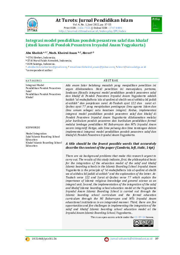 (PDF) Integrasi Model Pendidikan Pondok Pesantren Salaf Dan Khalaf (Studi Kasus di Pondok ...