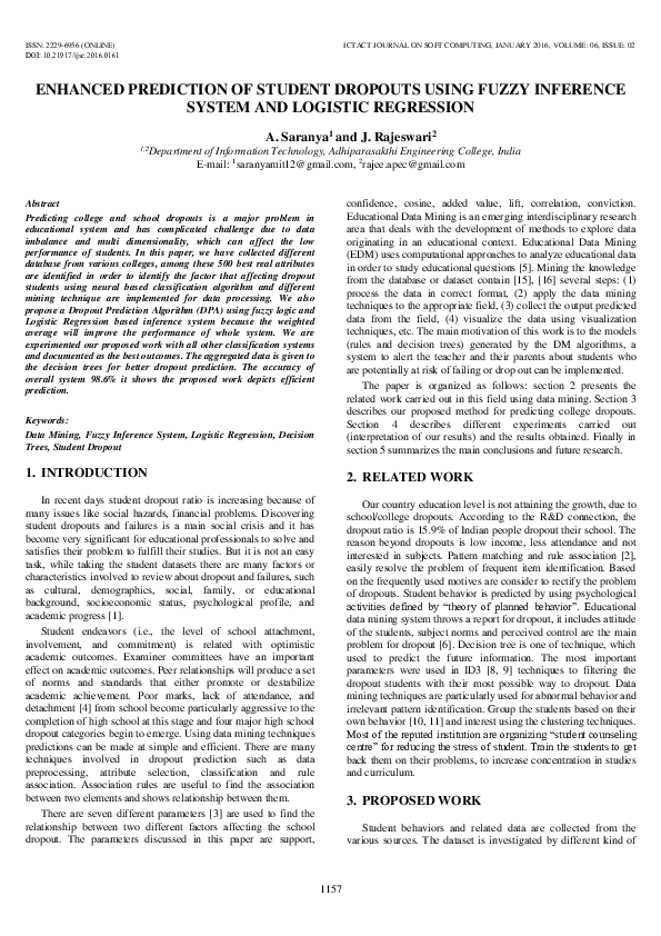 (PDF) Enhanced Prediction of Student Dropouts Using Fuzzy Inference System and Logistic Regression