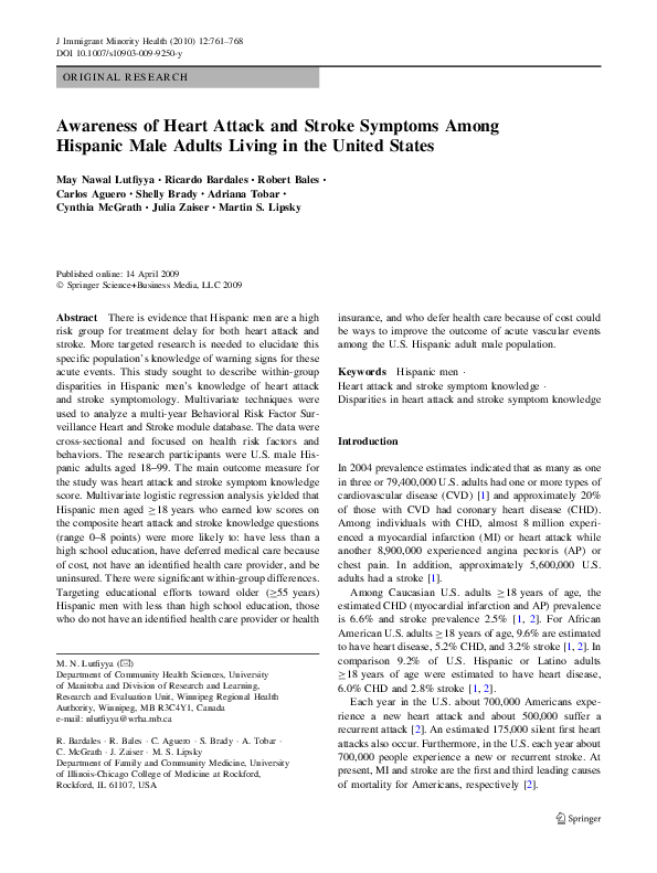 (PDF) Awareness of Heart Attack and Stroke Symptoms Among Hispanic Male ...
