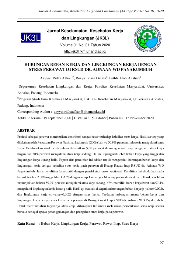 (PDF) Hubungan Beban Kerja Dan Lingkungan Kerja Dengan Stres Perawat Di ...