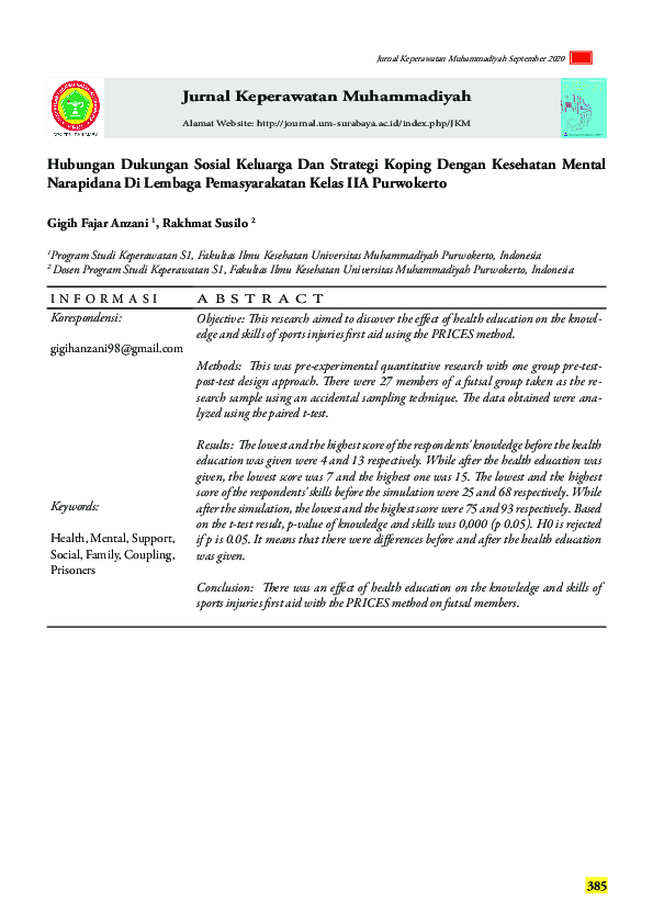 (PDF) Hubungan Dukungan Sosial Keluarga Dan Strategi Koping Dengan Kesehatan Mental Narapidana ...