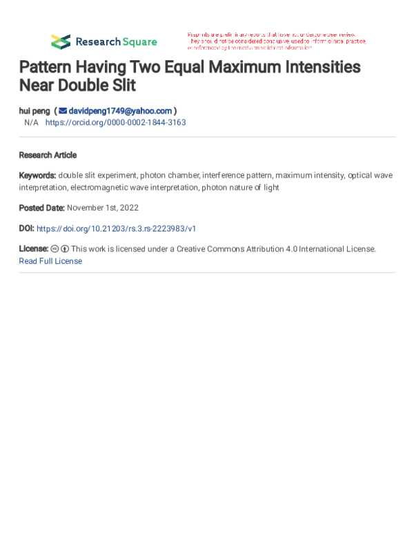 (PDF) Pattern Having Two Equal Maximum Intensities Near Double Slit