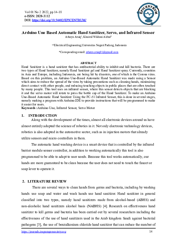 (PDF) Arduino Uno Based Automatic Hand Sanitizer, Servo, and Infrared Sensor