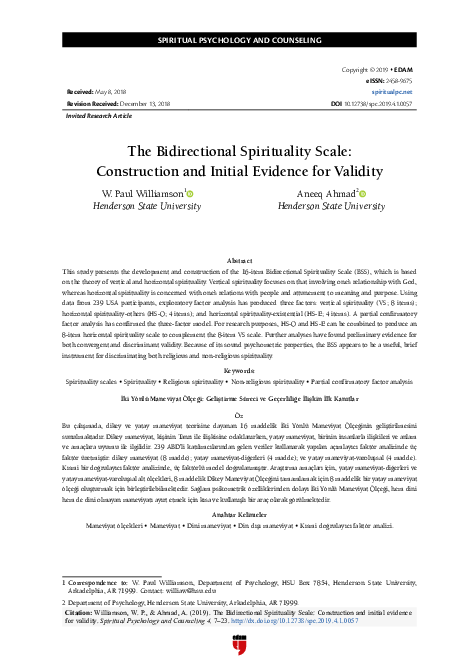 (PDF) The Bidirectional Spirituality Scale: Construction and Initial Evidence for Validity