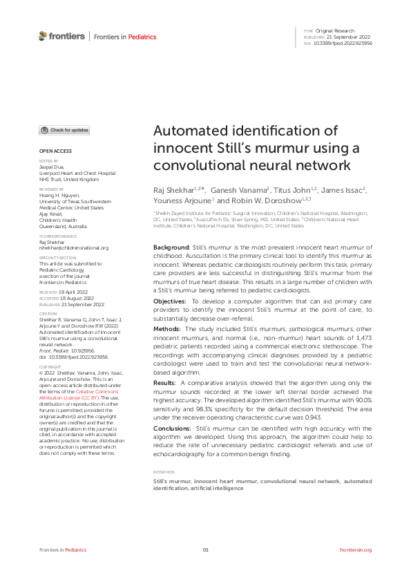 (PDF) Automated identification of innocent Still's murmur using a convolutional neural network ...