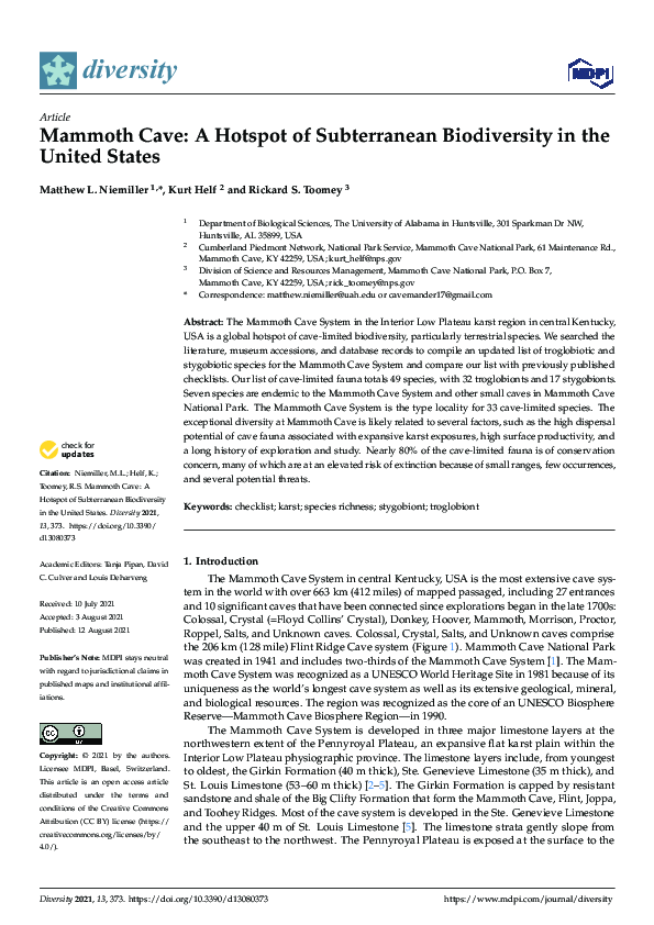 (PDF) Mammoth Cave: A Hotspot of Subterranean Biodiversity in the ...