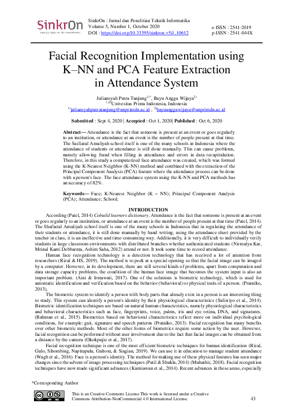 (PDF) Facial Recognition Implementation using K–NN and PCA Feature Extraction in Attendance System