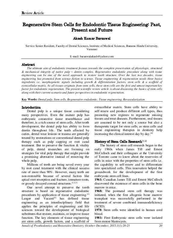 (PDF) Regenerative Stem Cells for Endodontic Tissue Engineering: Past, Present and Future