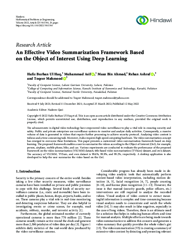 (PDF) An Effective Video Summarization Framework Based on the Object of ...