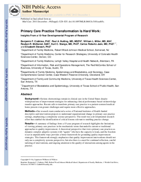 (PDF) Primary Care Practice Transformation is Hard Work