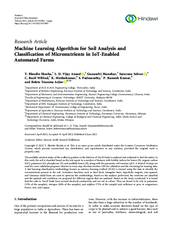 (PDF) Machine Learning Algorithm for Soil Analysis and Classification of Micronutrients in IoT ...